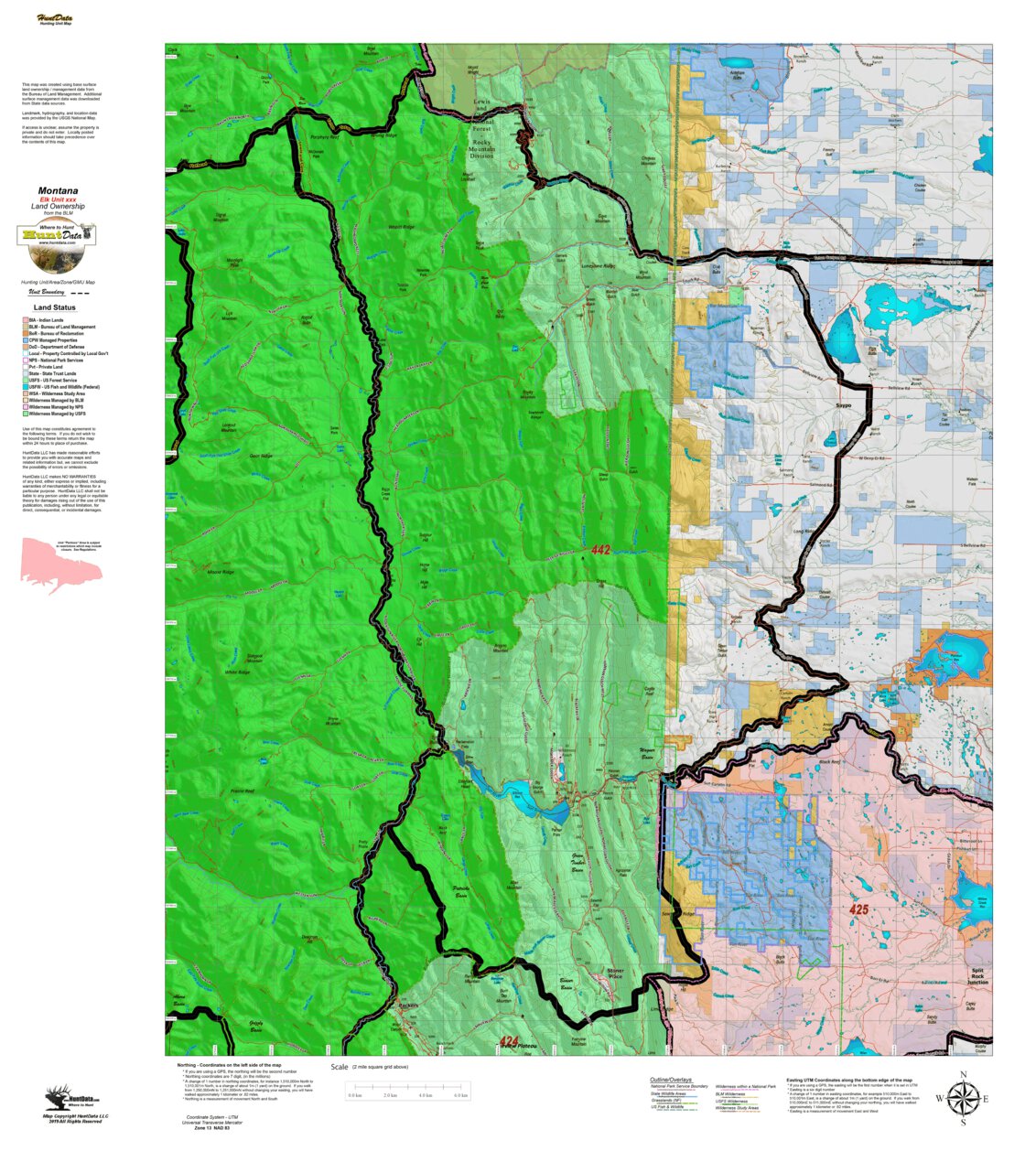 Montana Elk Hunting District 442 Land Ownerhip Map by Montana HuntData ...