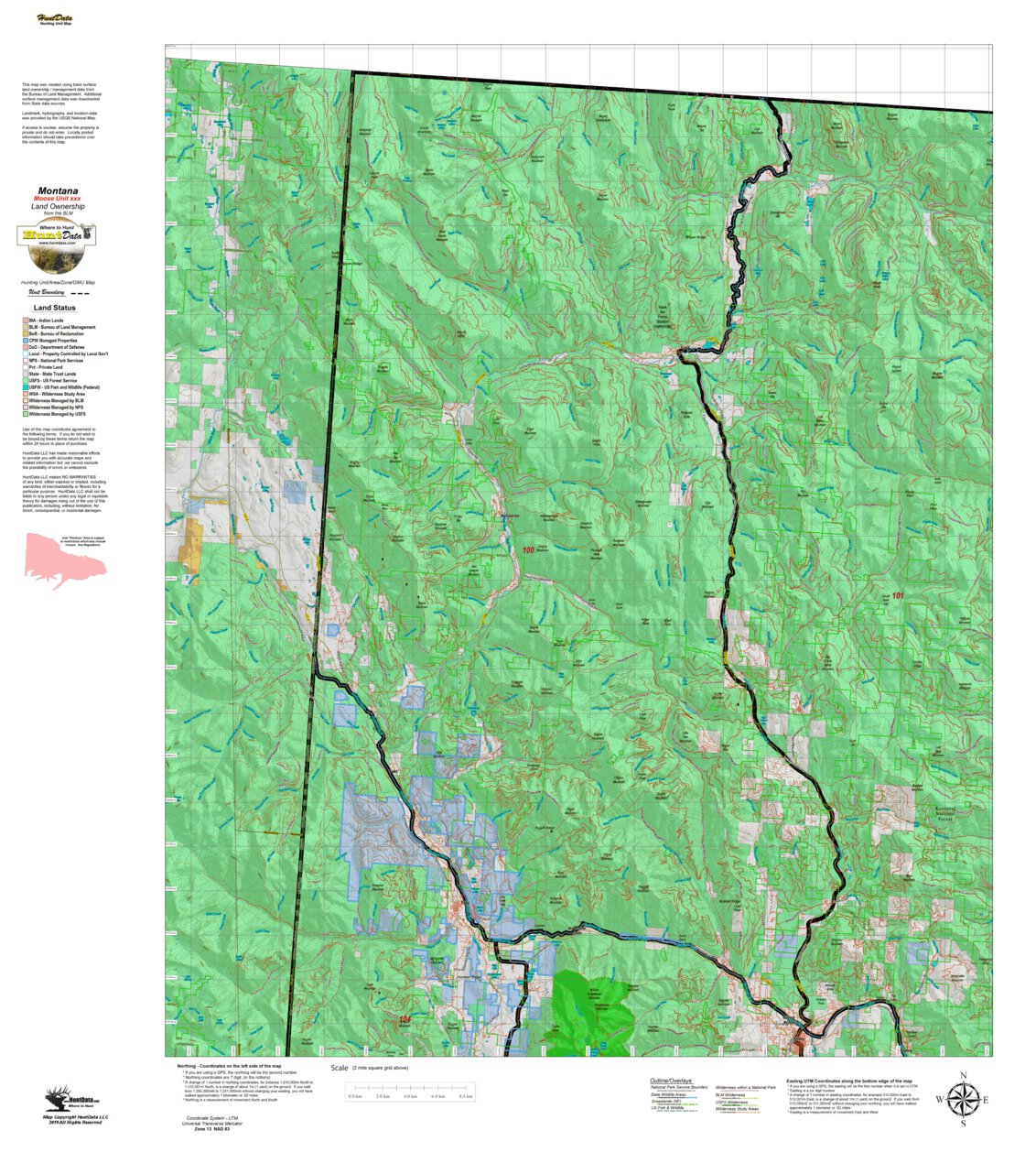Montana Moose Hunting District 100 Land Ownerhip Map by Montana ...