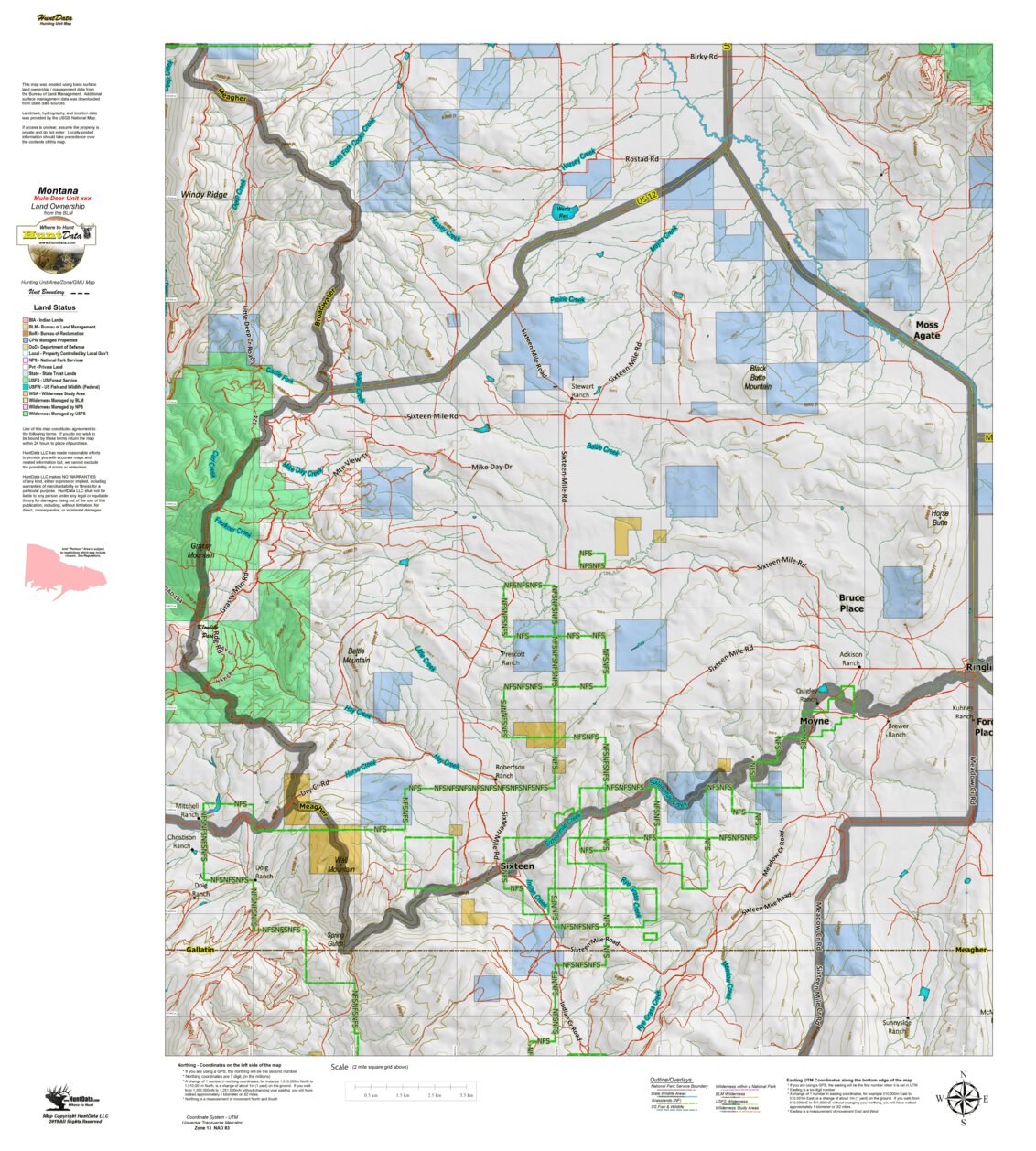 Montana Mule Deer Hunting District 451 Land Ownerhip Map by Montana ...
