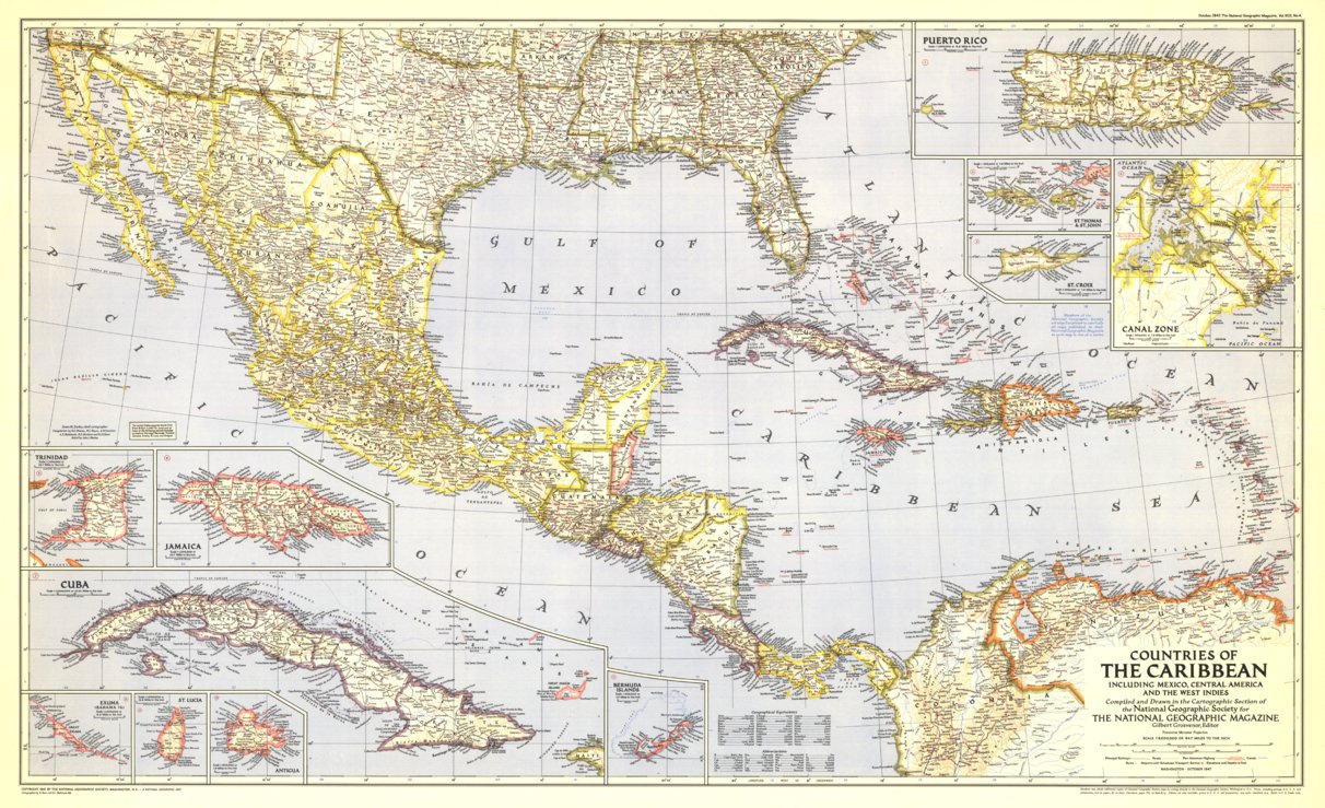 Countries Of The Caribbean 1947 Map by National Geographic | Avenza Maps
