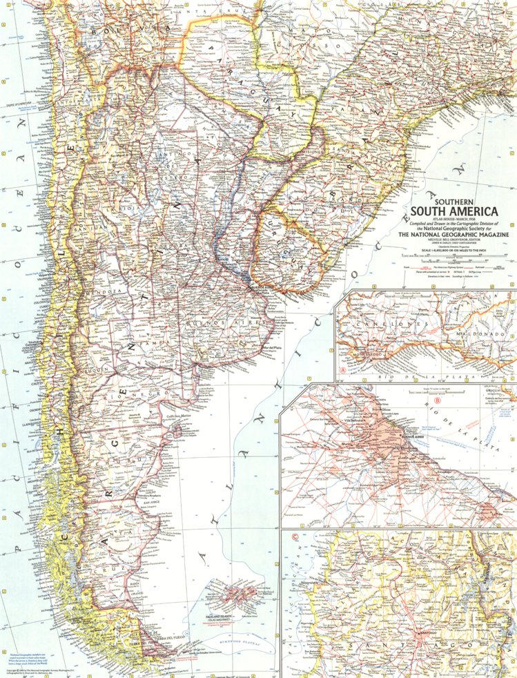 Southern South America Map 1958 by National Geographic | Avenza Maps