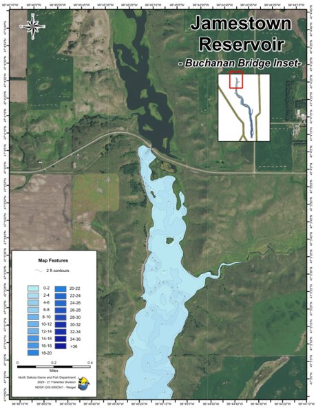 Jamestown Reservoir - Buchanan Bridge Area Map by North Dakota Game and ...