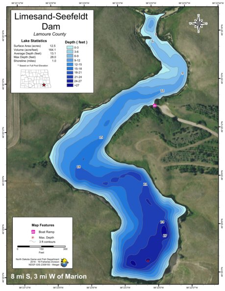 Limesand-Seefeldt Dam - LaMoure County Map by North Dakota Game and ...