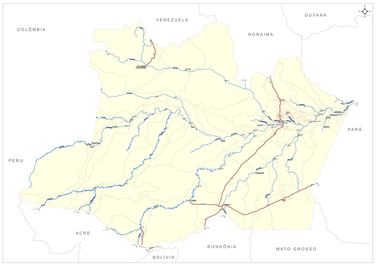 MAPA RODOVIÁRIO E HIDROVIÁRIO DO ESTADO DO AMAZONAS - BRASIL Map by ...