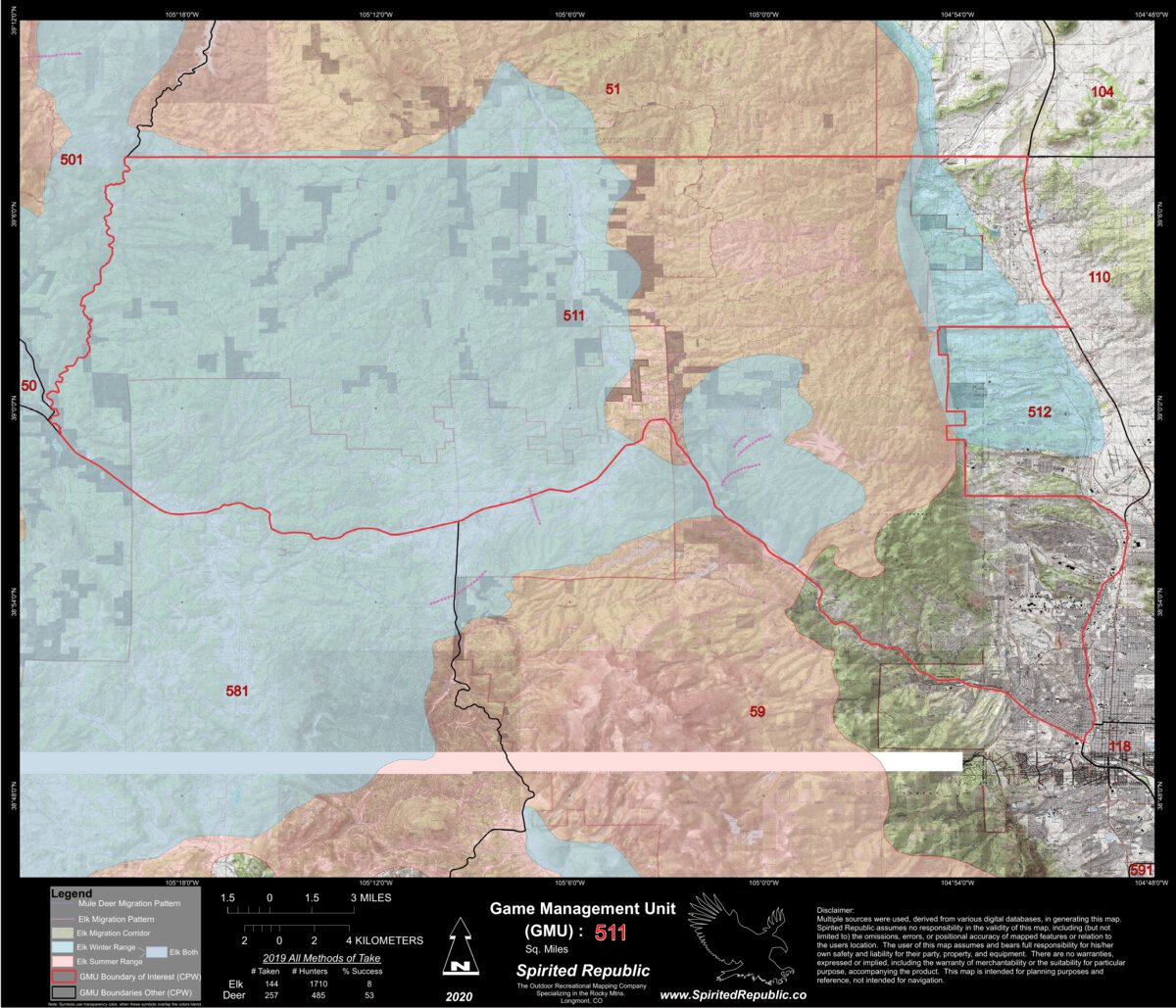 2020 Colorado Big Game Elk/Deer Topo Hunt Habitat Range GMU 511 Map by ...