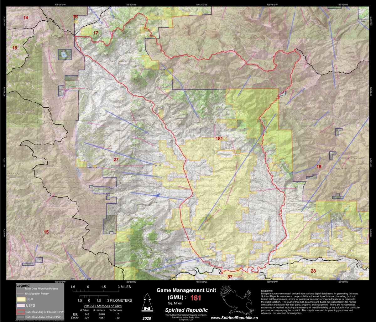2020 Colorado Big Game Elk/Deer Topo Hunt Public Lands GMU 181 Map by ...