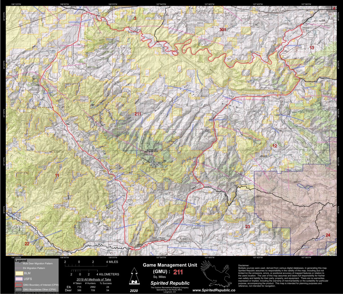 2020 Colorado Big Game Elk/Deer Topo Hunt Public Lands GMU 211 Map by ...