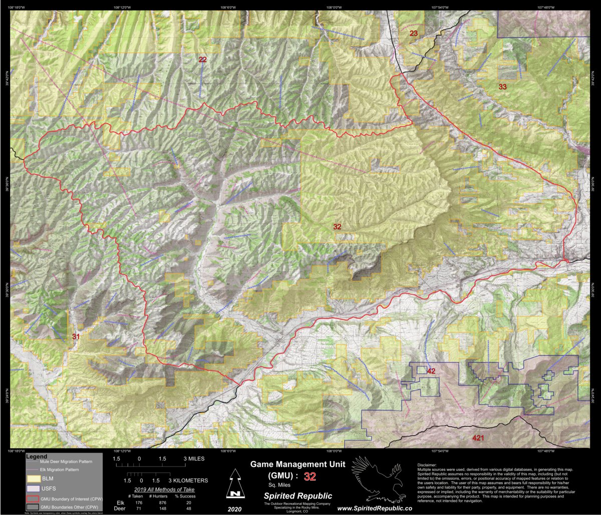 2020 Colorado Big Game Elk/Deer Topo Hunt Public Lands GMU 32 Map by ...