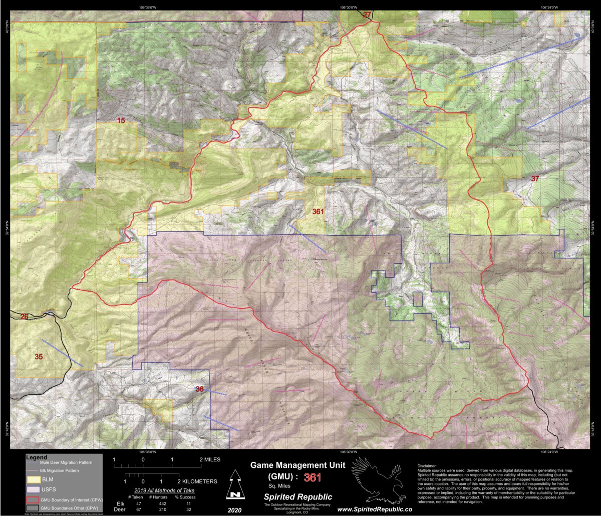 2020 Colorado Big Game Elk/Deer Topo Hunt Public Lands GMU 361 Map by ...