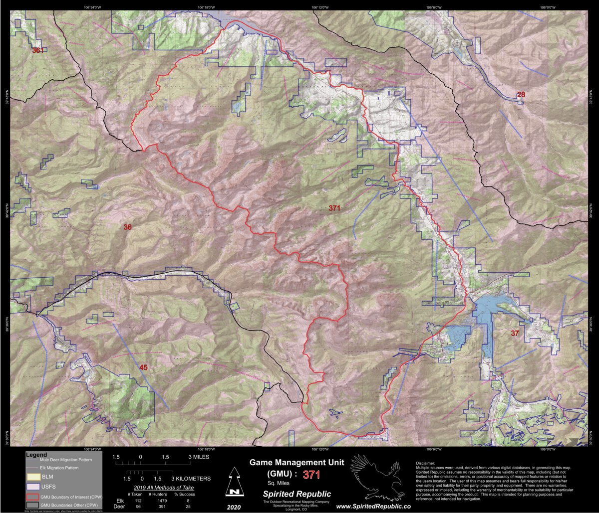 2020 Colorado Big Game Elk/Deer Topo Hunt Public Lands GMU 371 Map by ...