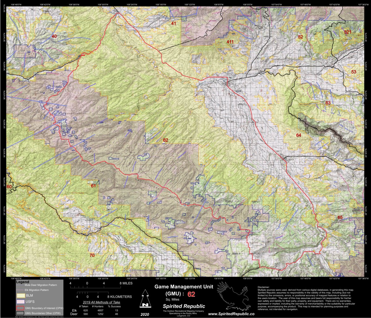 2020 Colorado Big Game Elk/Deer Topo Hunt Public Lands GMU 62 Map by ...