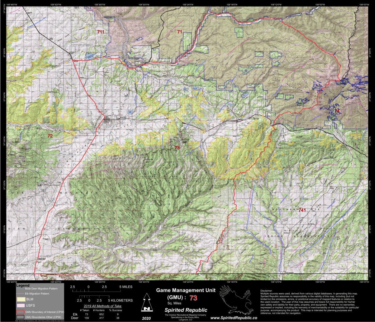 2020 Colorado Big Game Elk/Deer Topo Hunt Public Lands GMU 73 Map by ...