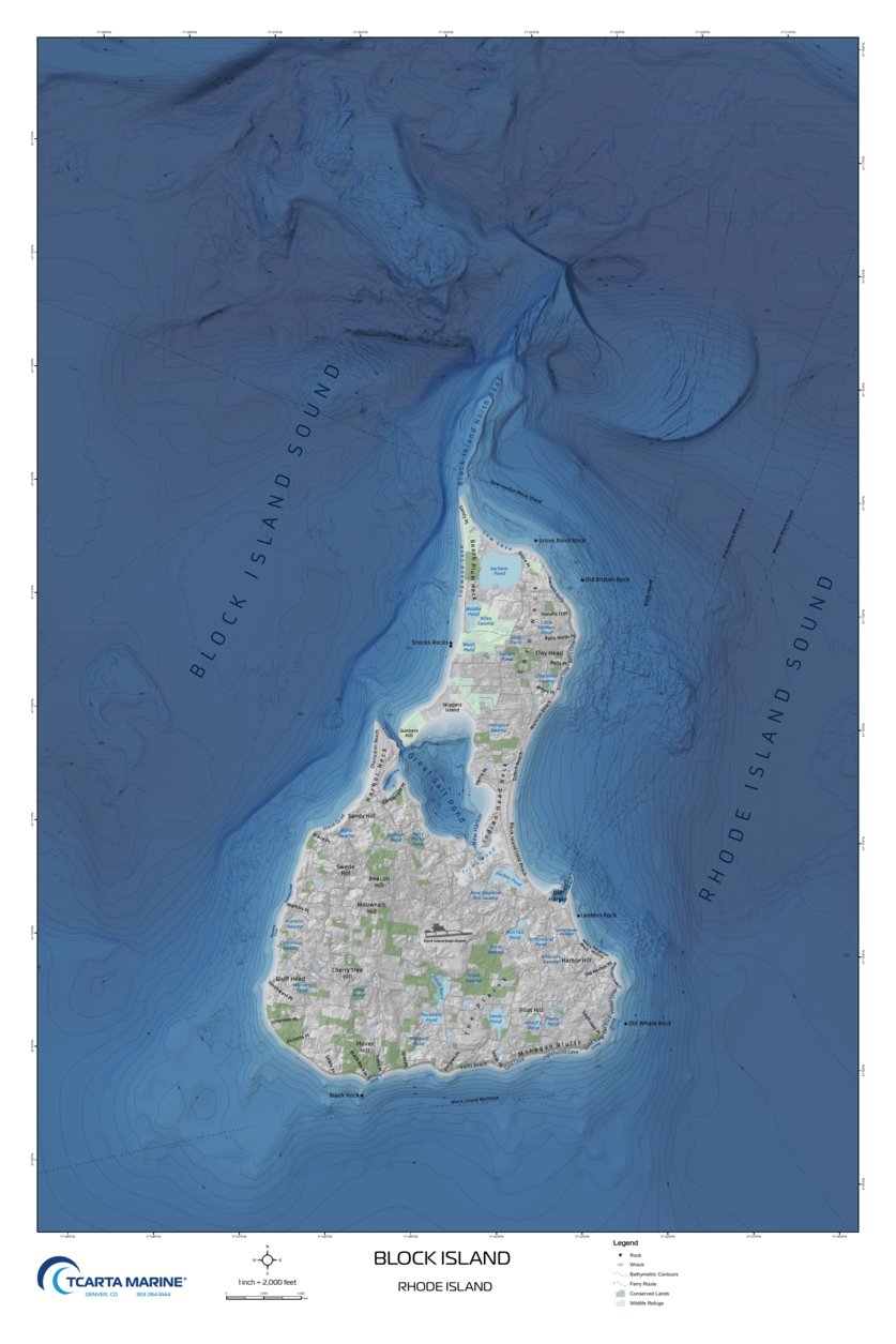 Block Island Topographic & Bathymetric Features Map by TCarta Marine ...