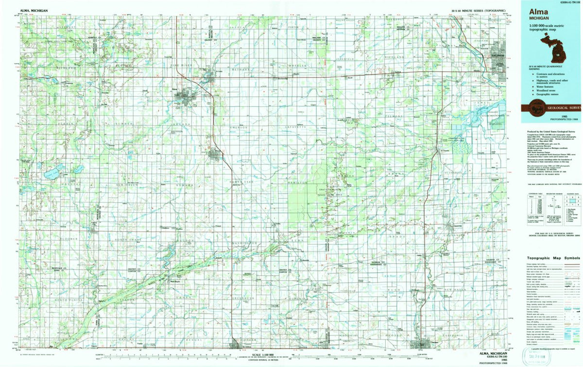 Alma, MI (1985, 100000-Scale) Map by United States Geological Survey ...