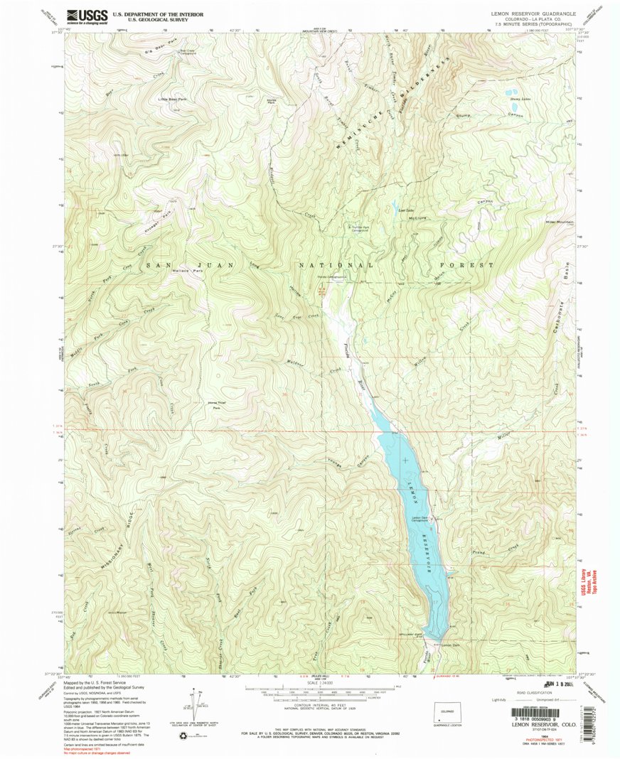 Lemon Reservoir, CO (1964, 24000-Scale) Map by United States Geological ...
