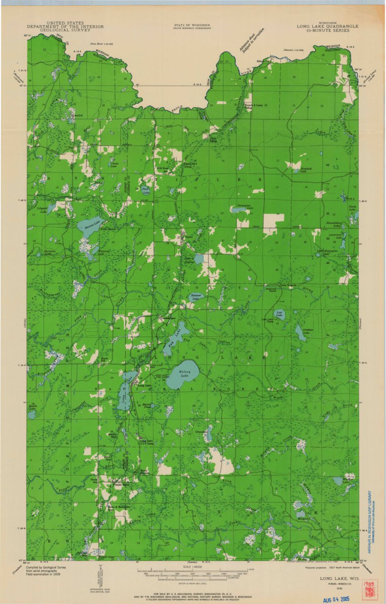 Long Lake, WI-MI (1939, 48000-Scale) Map by United States Geological ...