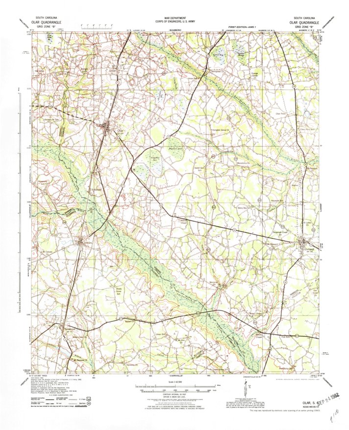 Olar, SC (1943, 62500-Scale) Map by United States Geological Survey ...