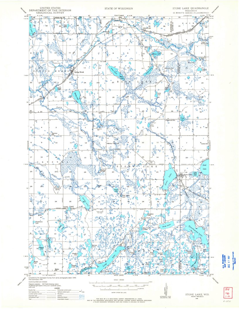 Stone Lake, WI (1948, 48000-Scale) Map by United States Geological ...