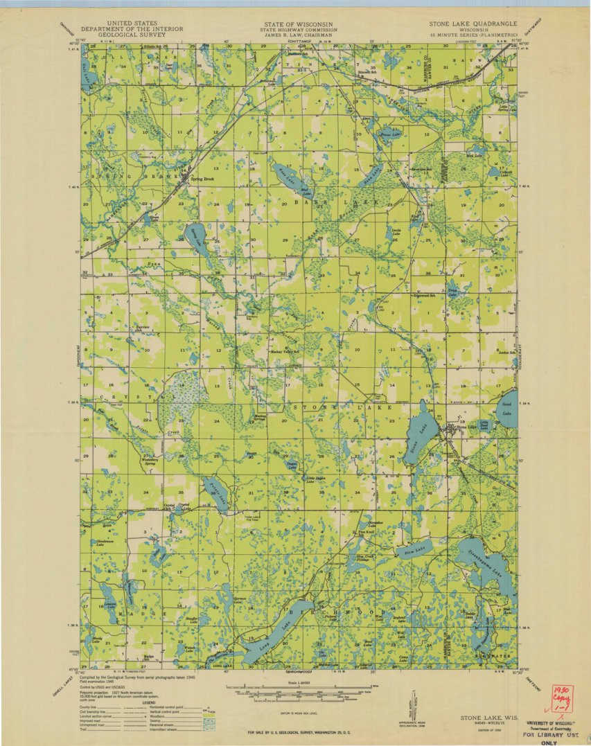 Stone Lake, WI (1950, 48000-Scale) Map by United States Geological ...