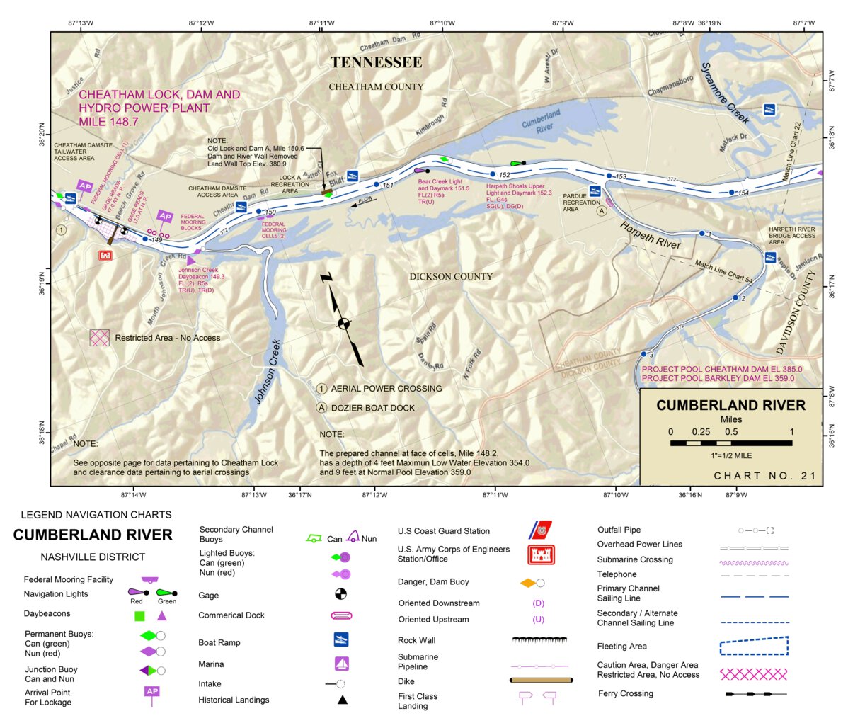 Cumberland River Chart 21 - Cheatham Lock & Dam; Johnson Creek; Fox ...