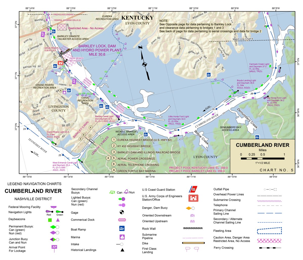 Cumberland River Chart 5 - Barkley Lock and Dam, Grand Rivers, KY Map ...
