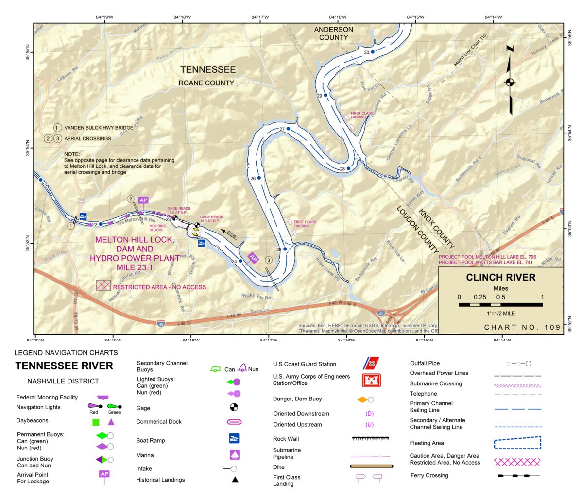 Tennessee River Chart 109 - Clinch River; Melton Hill Dam Map by US ...