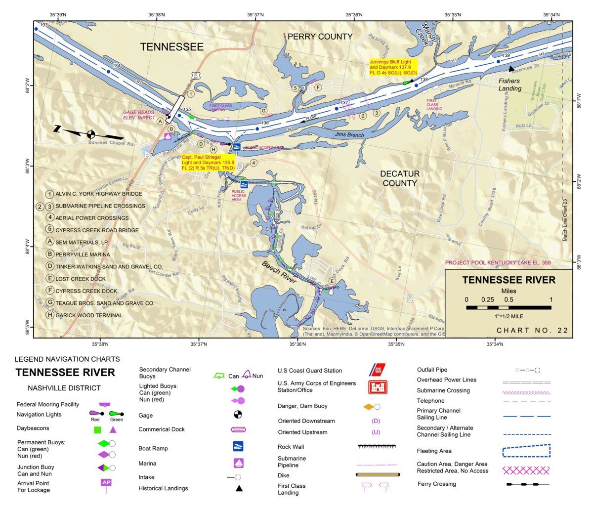 Tennessee River Chart 22 - Perryville, TN and Beech River Map by US ...