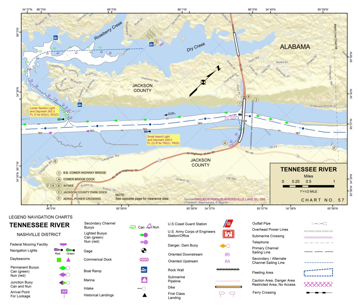 Tennessee River Chart 57 - B.B. Comer Hwy Bridge Map by US Army Corps ...