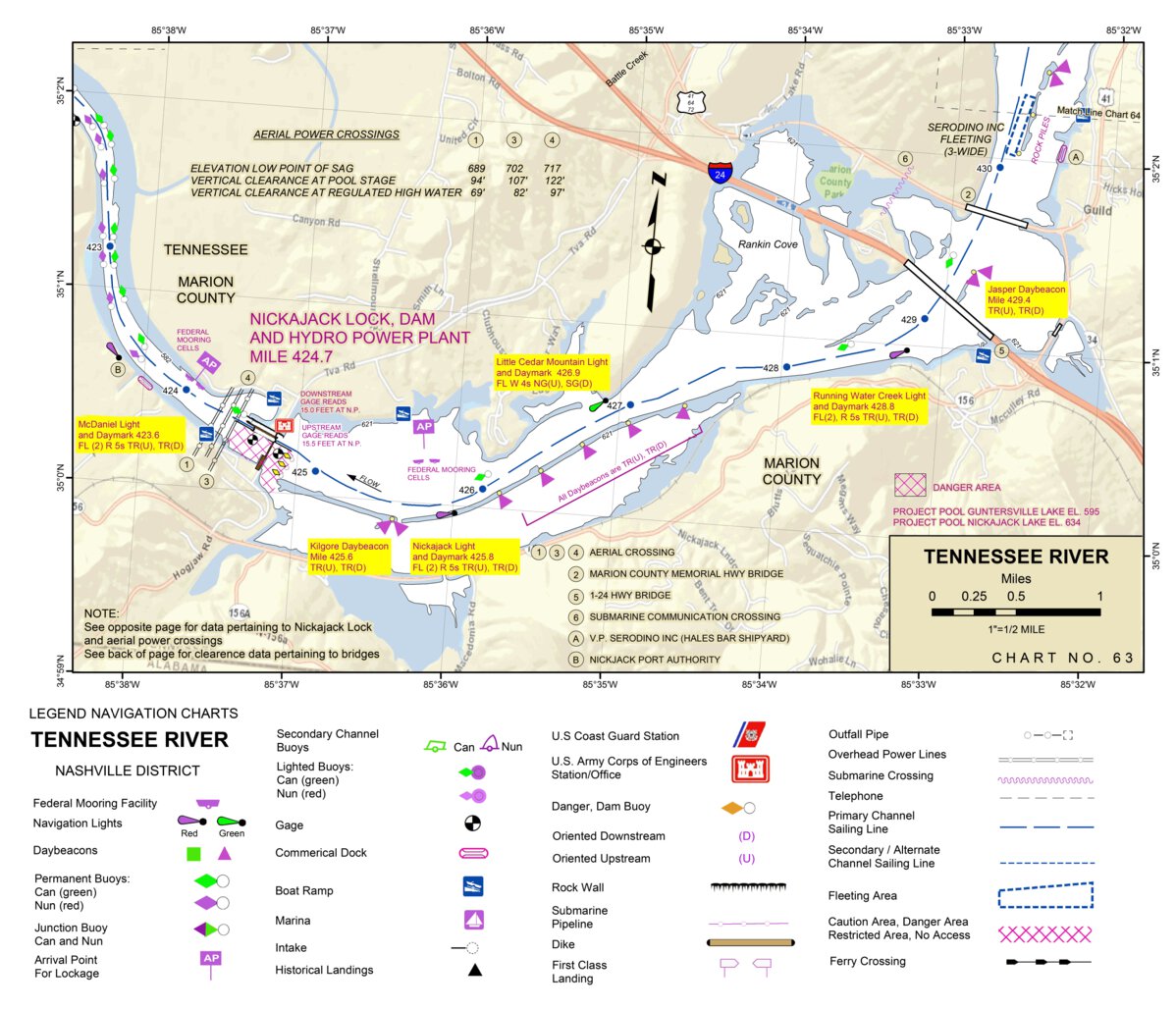 Tennessee River Chart 63 - Nickajack Dam; Sequatchie River Map by US ...