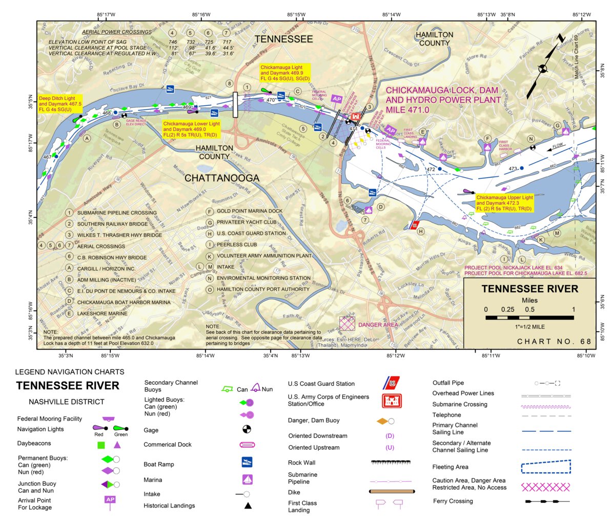 Tennessee River Chart 68 - Chickamauga Dam & US Coast Guard Station Map ...