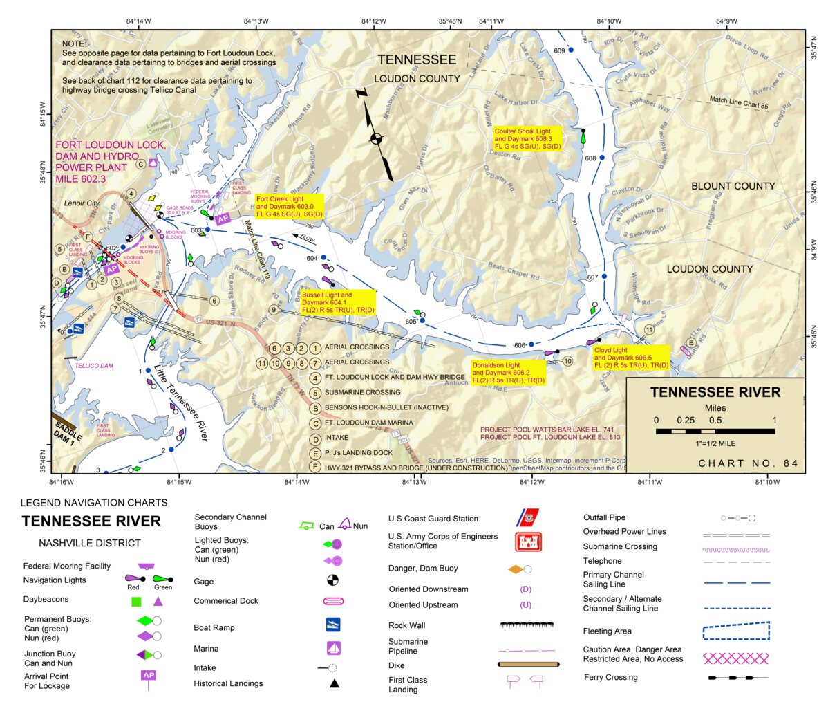Tennessee River Chart 84 - Ft. Loundon Dam; Little Tennessee River Map ...