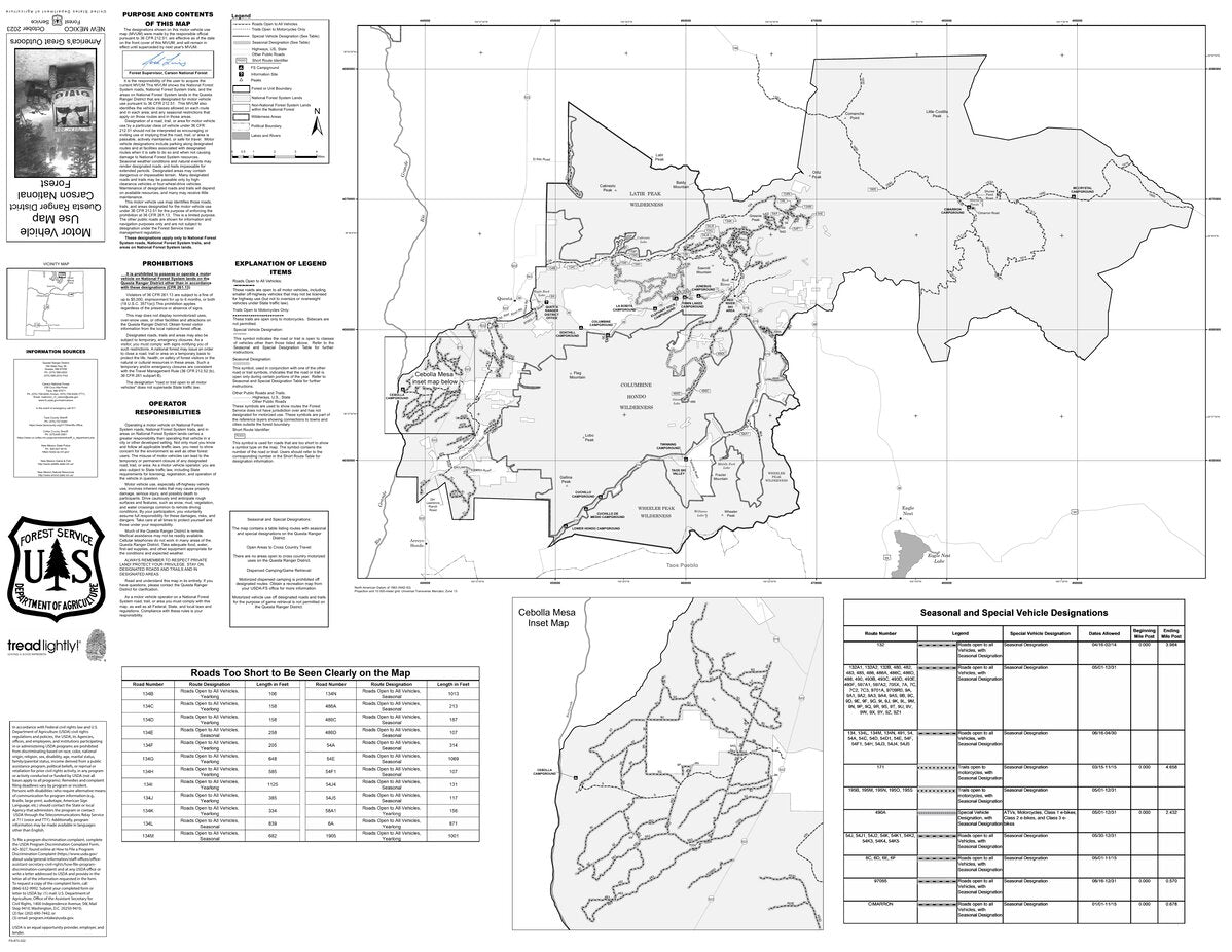 Motor Vehicle Use Map, Questa Ranger District, Carson National Forest ...