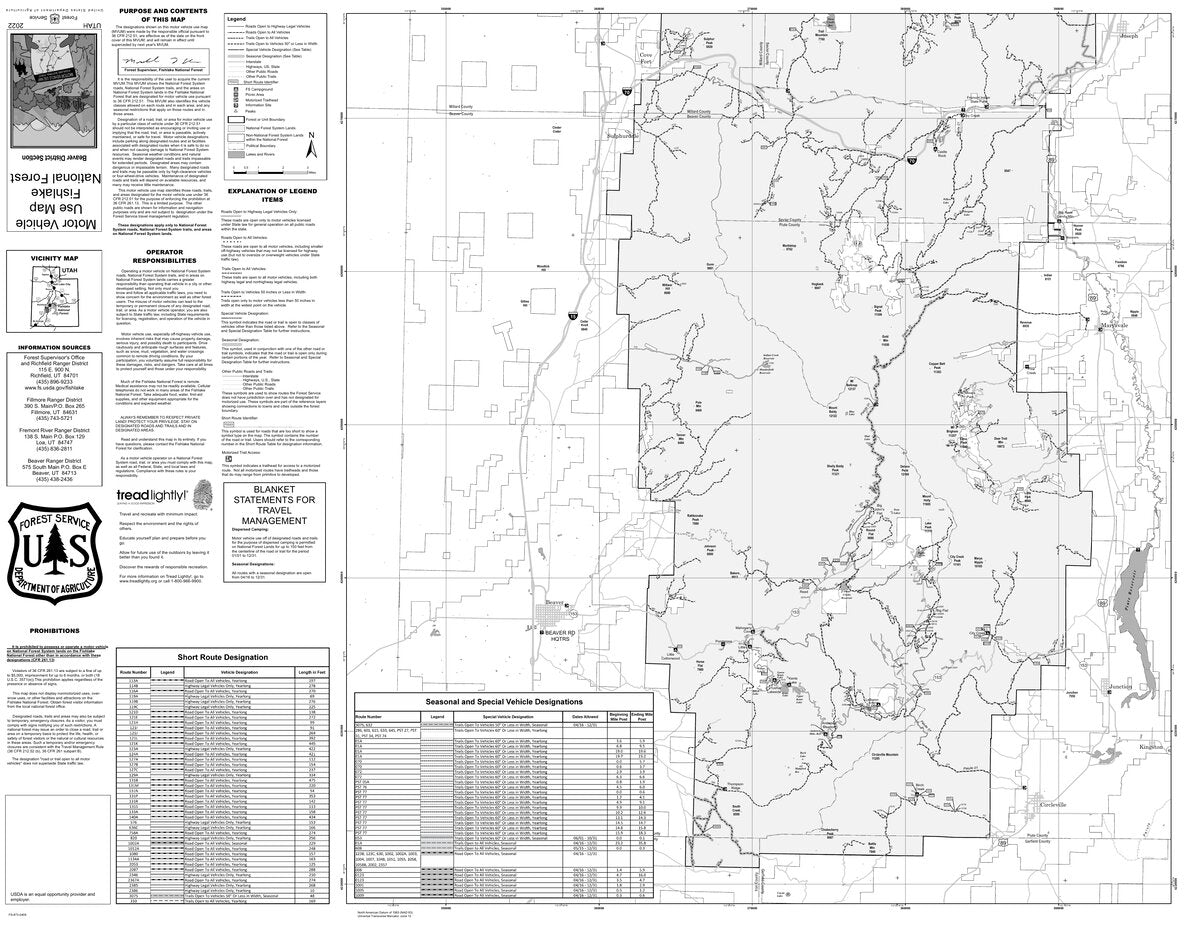 Fishlake National Forest Beaver District Section Motor Vehicle Use Map ...