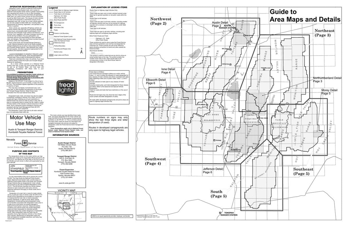 Humboldt-Toiyabe NF Austin and Tonopah Rds Guide Map Motor Vehicle Use ...