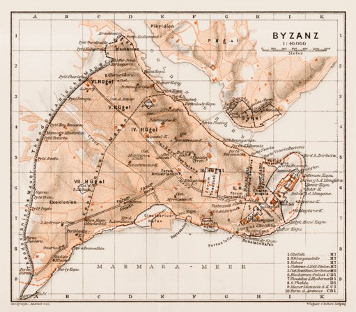 Byzantium (Byzanz, Constantinople) ancient site Map, 1914 by Waldin ...