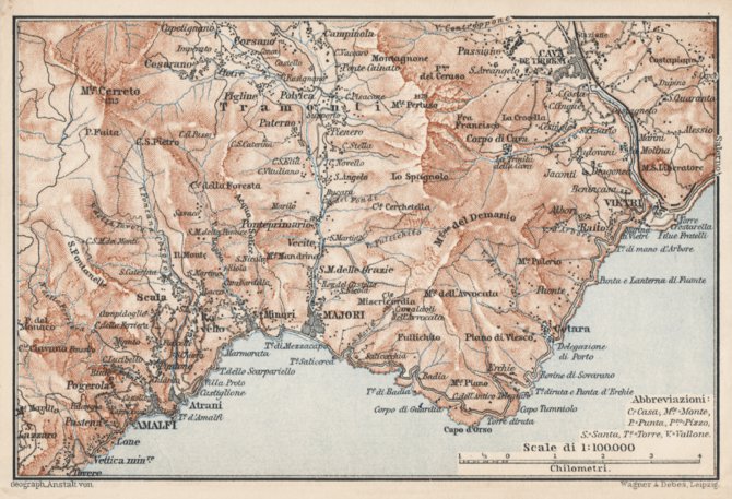 Cava de Tirreni to Amalfi district Map, 1898 by Waldin | Avenza Maps