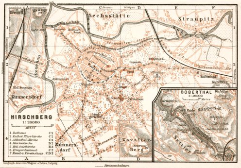 Hirschberg im Schlesien (Jelenia Góra) city Map, 1911 by Waldin ...