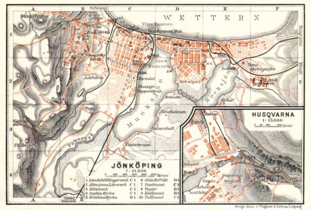 Jönköping city Map, 1911. With Husqvarna plan inset by Waldin | Avenza Maps