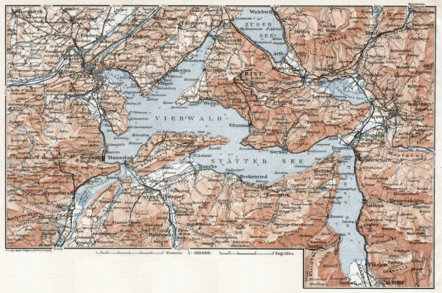 Lake Lucerne (Veierwaldstättersee) environs Map, 1909 by Waldin ...