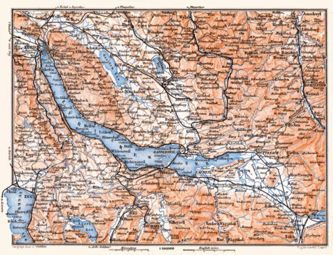 Lakes of Zurich and Zug district Map, 1897 by Waldin | Avenza Maps