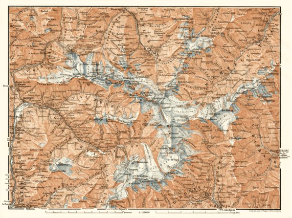 Map of the Ortler Alps (Ortler-Alpen, Ortles-Cevedale), 1906 by Waldin ...