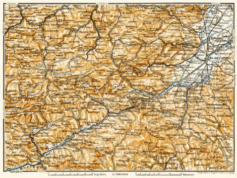 Map of the Steyr and Austrian Alps from Wiener-Neustadt to Leoben, 1906 ...