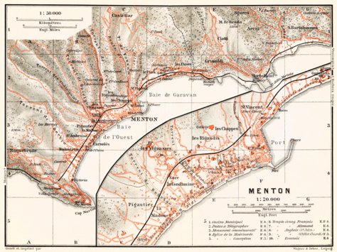 Menton town plan with Map of the environs of Menton, 1910 by Waldin ...