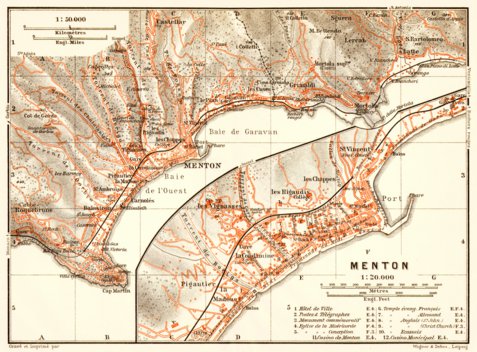 Menton town plan with Map of the environs of Menton, 1913 by Waldin ...