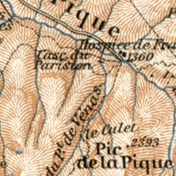 Mont Maudit and town of Bagnères-de-Luchon environs Map, 1902 by Waldin ...