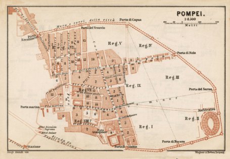Pompei (Pompeii) general plan with typical street level inset plan ...