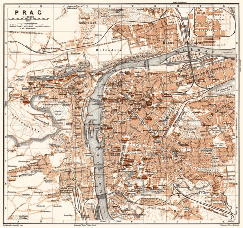 Prag (Prague, Praha), town plan (names in Czech), 1913 Map by Waldin ...