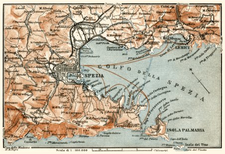 Spezia, environs Map, 1913 (1:100,000 scale) by Waldin | Avenza Maps