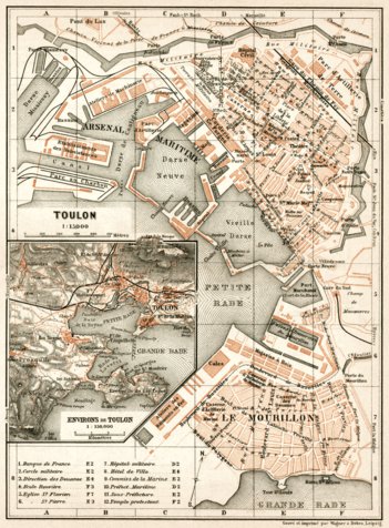 Toulon town plan. Map of the environs of Toulon, 1902 by Waldin ...