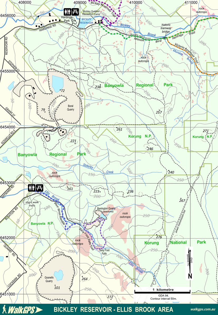 WalkGPS - Bickley Reservoir-Ellis Brook Walk Area - Darling Range Map ...